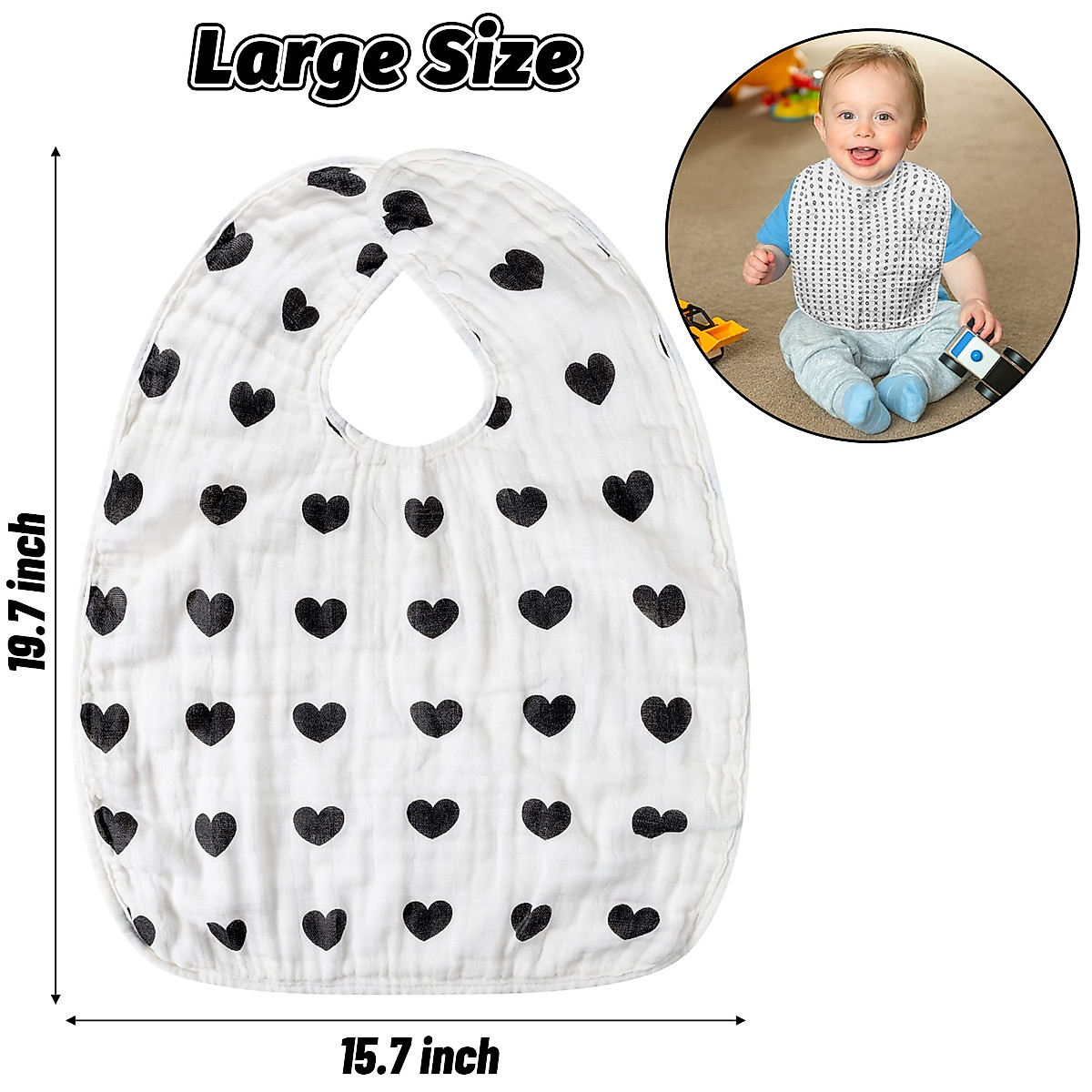Zainpe 4Pcs Muslin Cotton Feeding Bibs for Baby Love Heart XOXO Trees Extra Large Adjustable Bib with 4 Absorbent Soft Layers Machine Washable Burp Cloths for Unisex Infant Newborn Toddler Drooling