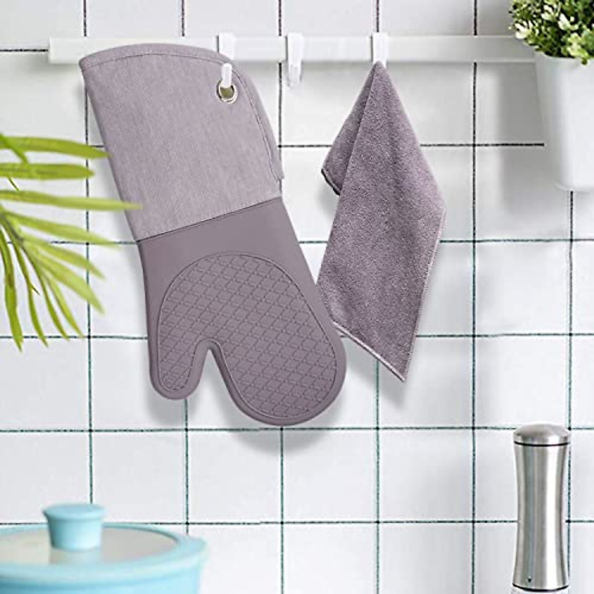 Professional microwave silicone oven mitts Yarn-dyed 1 pair and Kitchen Towels 2 pcs, kitchen lines set for heat resistant with 500 degrees, kitchen gloves pot holder for BBQ cooking baking (Purple)