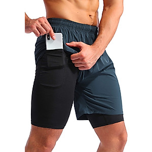 Pudolla Men’s 2 in 1 Running Shorts 7" Quick Dry Gym Athletic Workout Shorts for Men with Phone Pockets(Navy Blue Medium)