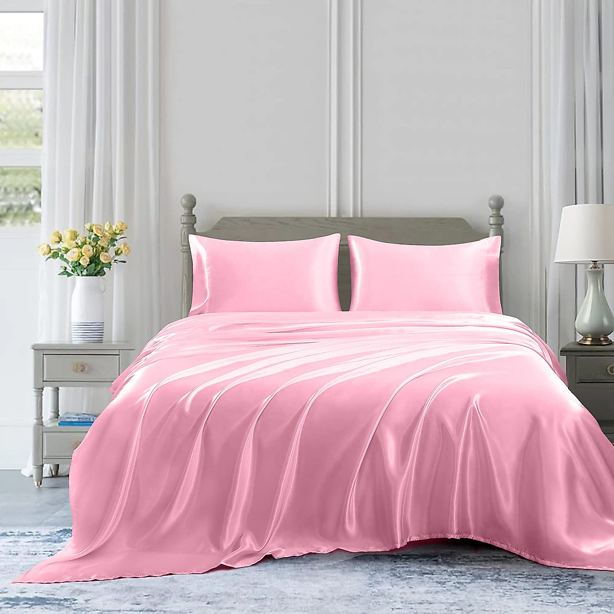 4 Piece Satin Sheet Set Bed Set Full Size Bed Set 4 Piece Pink Durable & Soft (Flat Sheet + Fitted 18'' + 2 Pillowcases) Bed in a Bag Satin Sheet