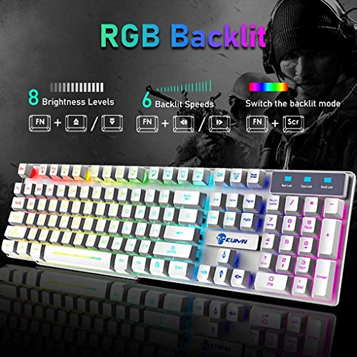 KUIYING Gaming Keyboard and Mouse Combo,RGB Rainbow Backlit Keyboard with PC Wired Keyboard+2400DPI 6 Buttons Rainbow LED Gaming Mouse+Mouse Pads for PC PS4 (White), 20.9 x 6.1 x 2.1