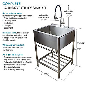 Transolid TFH-2522-SS 25 in. x 22 in. x 34.3 in. Stainless Steel Laundry Sink with Wash Stand in Brushed Satin