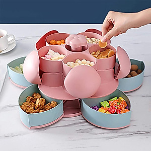Ygapuzi Double Deck Snack Box Flower Shaped Rotating Candy Serving Containers, 10 Grid Creative Snacks Storage Tray for Dried Fruit, Nuts, Chips, Olives (New Pink)