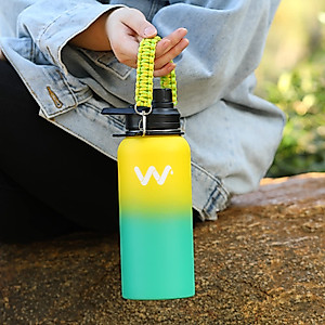 WEREWOLVES 32 oz Insulated Water Bottle With Paracord Handles & Strap & Straw Lid & Spout Lid,Reusable Wide Mouth Vacuum Stainless Steel Water Bottle for Adults (New-Yellow Green, 32 oz)
