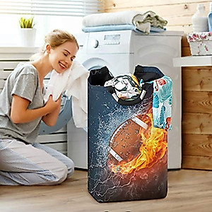 ALAZA American Football Fire Water Laundry Basket Hamper Large Storage Bin with Handles for Gift Baskets, Bedroom, Clothes