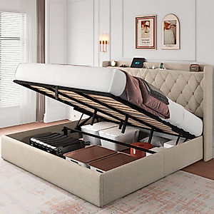 iPormis King Size Lift Up Storage Bed Frame with Charging Station, Upholstered Platform Bed Frame with Tufted Headboard, Hydraulic Storage, No Box Spring Needed, Noise-Free, Easy Assembly, Beige