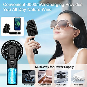 Portable Handheld Mini Travel Fan Rechargeable, Small Neck Lanyard Electric Fan Battery Operated for Women, Foldable Desk Cooling Fans with LED Screen 6000mAh Power Bank and USB Cable - Black
