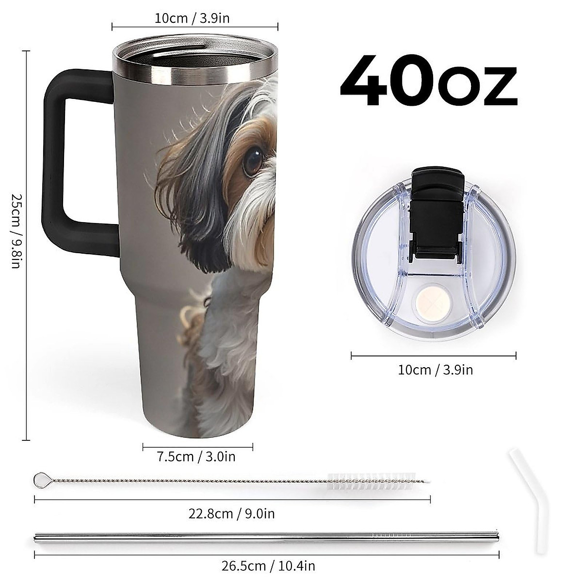 DWVSFJM Shih Tzu Dog Insulated Tumbler 40 Oz Stainless Steel Double Wall Vacuum Travel Mug Large Capacity Car Cup Reusable Coffee Cup with Handle And Straw Lid Gifts Black