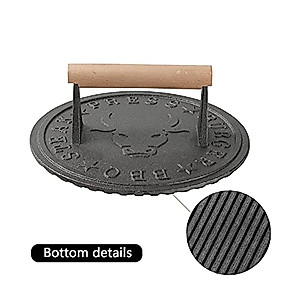 Swanna 8.66-Inch Round Cast Iron Grill Bacon Press With Wood Handle,Meat Presser,Iron Barbecue, BBQ Press,Grill Accessories, Make Griddle Steak Burger Bacon (a)