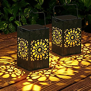 Solar Lanterns Outdoor, 2 Pack Metal Garden Decor Patio Decor LED Hanging Solar Lights Table Lamp for Patio, Yard, Walkway, Pathway