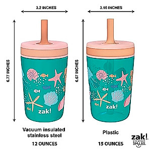 Zak Designs Shells Kelso Tumbler Set, Leak-Proof Screw-On Lid with Straw, Bundle for Kids Includes Plastic and Stainless Steel Cups with Bonus Sipper (3pc Set, Non-BPA) 15 fl.oz.