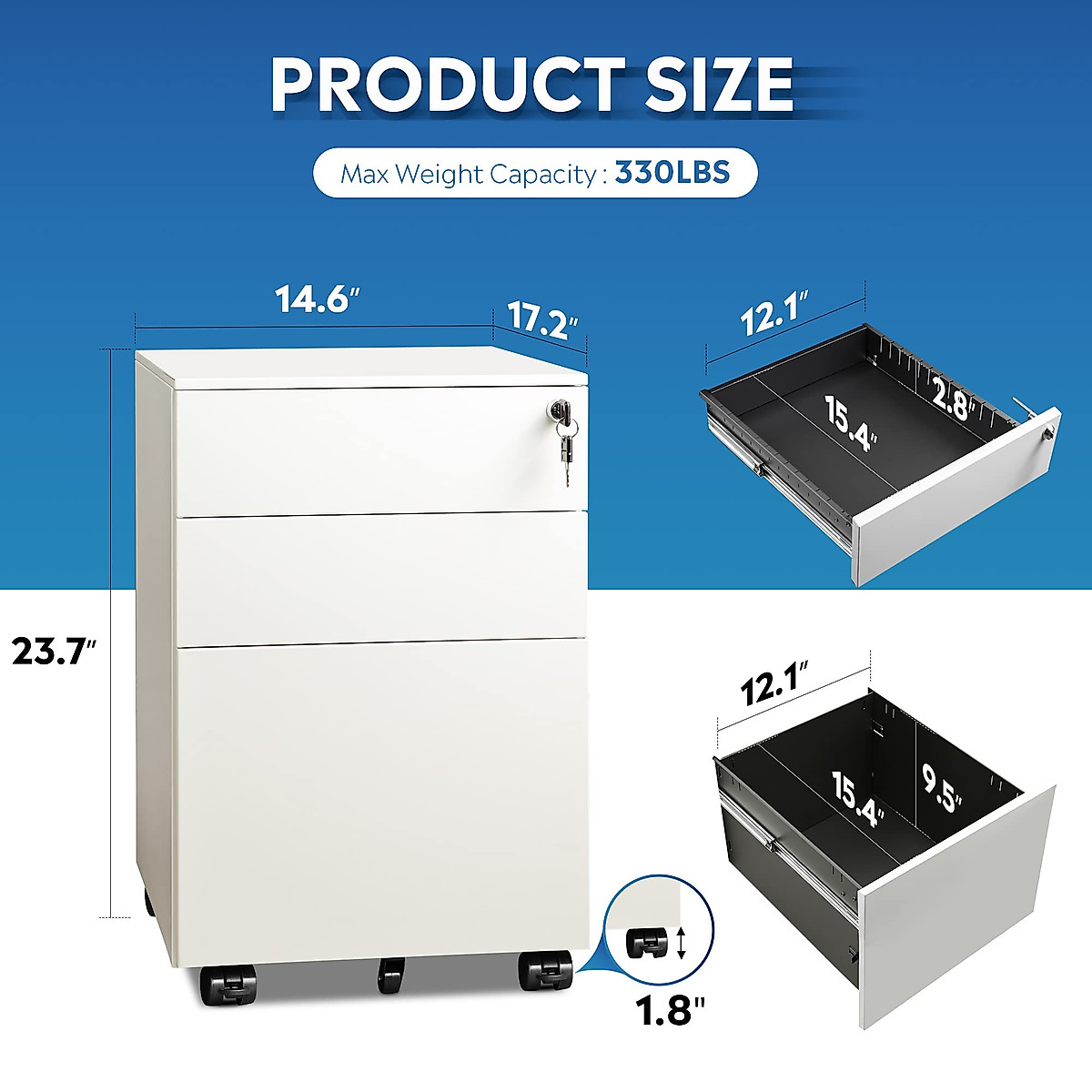 DEVAISE Locking File Cabinet, 3 Drawer Rolling Pedestal Under Desk Office, Fully Assembled Except Casters, White