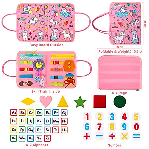 SPLAKS Toddler Busy Board with DIY Page, 20 in 1 Montessori Toys Sensory Activity Toys Preschool Educational Toys to Learn Basic Skills, for Airplane Car Travel (Pink)