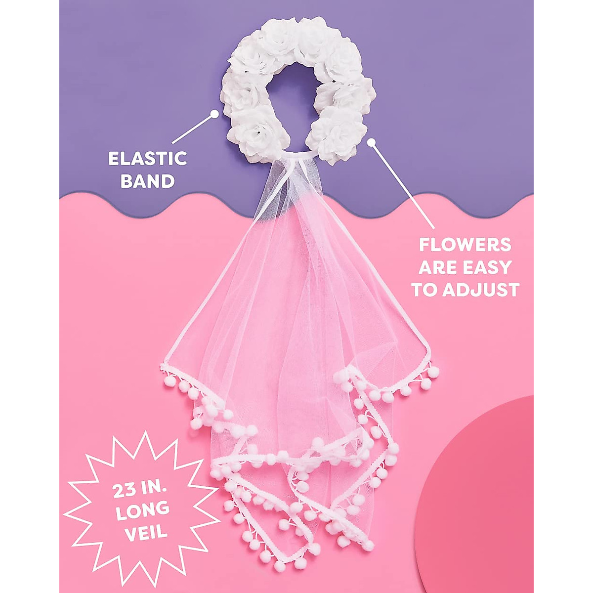xo, Fetti Bachelorette Party Decorations Veil - White Flower Pom Pom Veil | Bridal Shower | Bride to Be Gift + Engagement Decorations