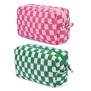 SOIDRAM 2 Pieces Makeup Bag Pouch Checkered Cosmetic Bag Pink Green, Travel Toiletry Bag Organizer Cute Makeup Brushes Storage Bag for Women