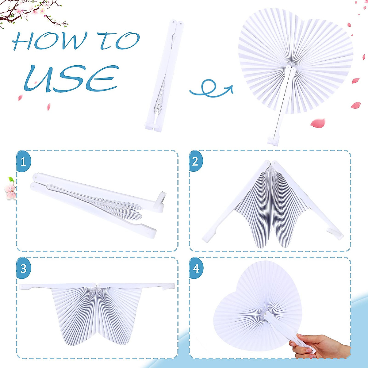 Blulu 60 Pack White Heart-Shaped Folding Fans for Weddings & Parties