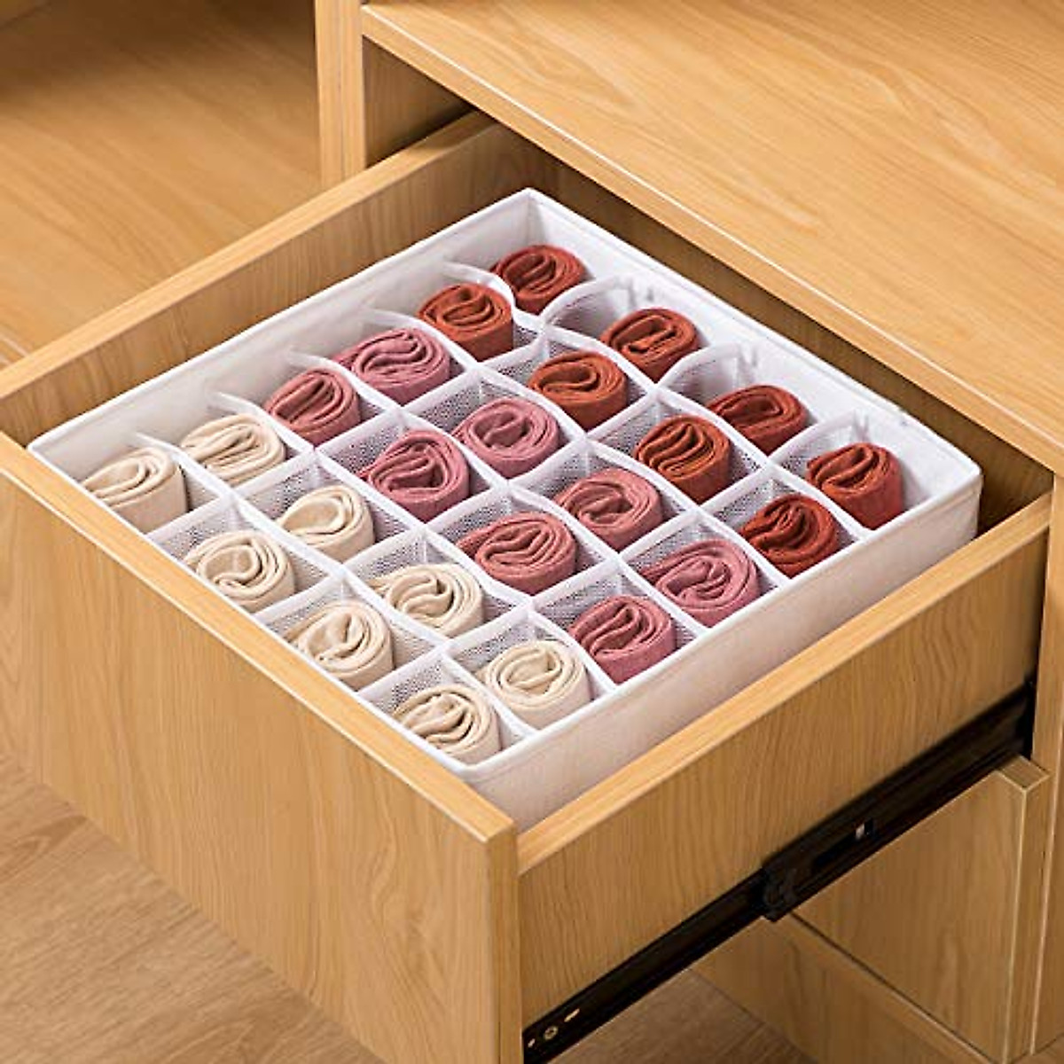 Qozary 2 Pack Sock Underwear Organizer with Linen Textured, 24 Cell Collapsible Drawer Organizer Divider, Closet Cabinet Storage Boxes for Storing Socks, Lingerie, Underwear, Clothes (White)