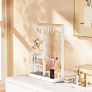 ProCase Jewelry Organizer Stand Necklace Holder, 4-Tier Jewelry Tower Rack with Earring Tray and Holes, 10 Hooks Necklaces Hanging Storage Tree Display for Bracelets Watches Earrings Rings -White