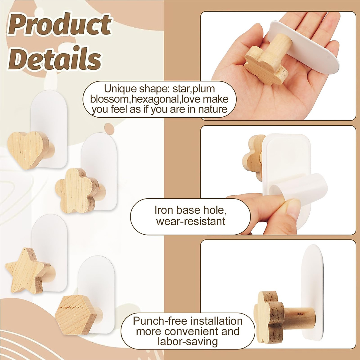 MOROBOR Self Adhesive Wooden Wall Hooks, 4pcs Wall Mounted Natural Theme Decorations Hooks Children's Coat Hooks Cartoon Wood Hooks for Towels, Backpacks, Hats and Coats