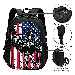 herbeier Stylish Rodeo Bull Rider American Flag Travel Backpack with USB Charging Port for Travel Business School Gifts, One Size
