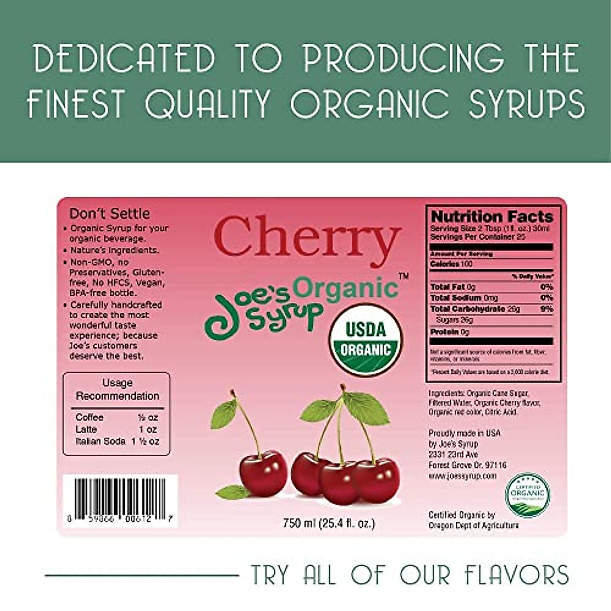 Joe’s Syrup Organic Flavored Syrup, Organic Cherry, 750 ml