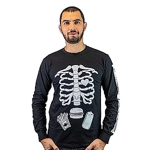 Men's Glow in The Dark Skeleton Ribcage Long Sleeve Shirt Halloween Costume Glowing tee (Mens X-Large)