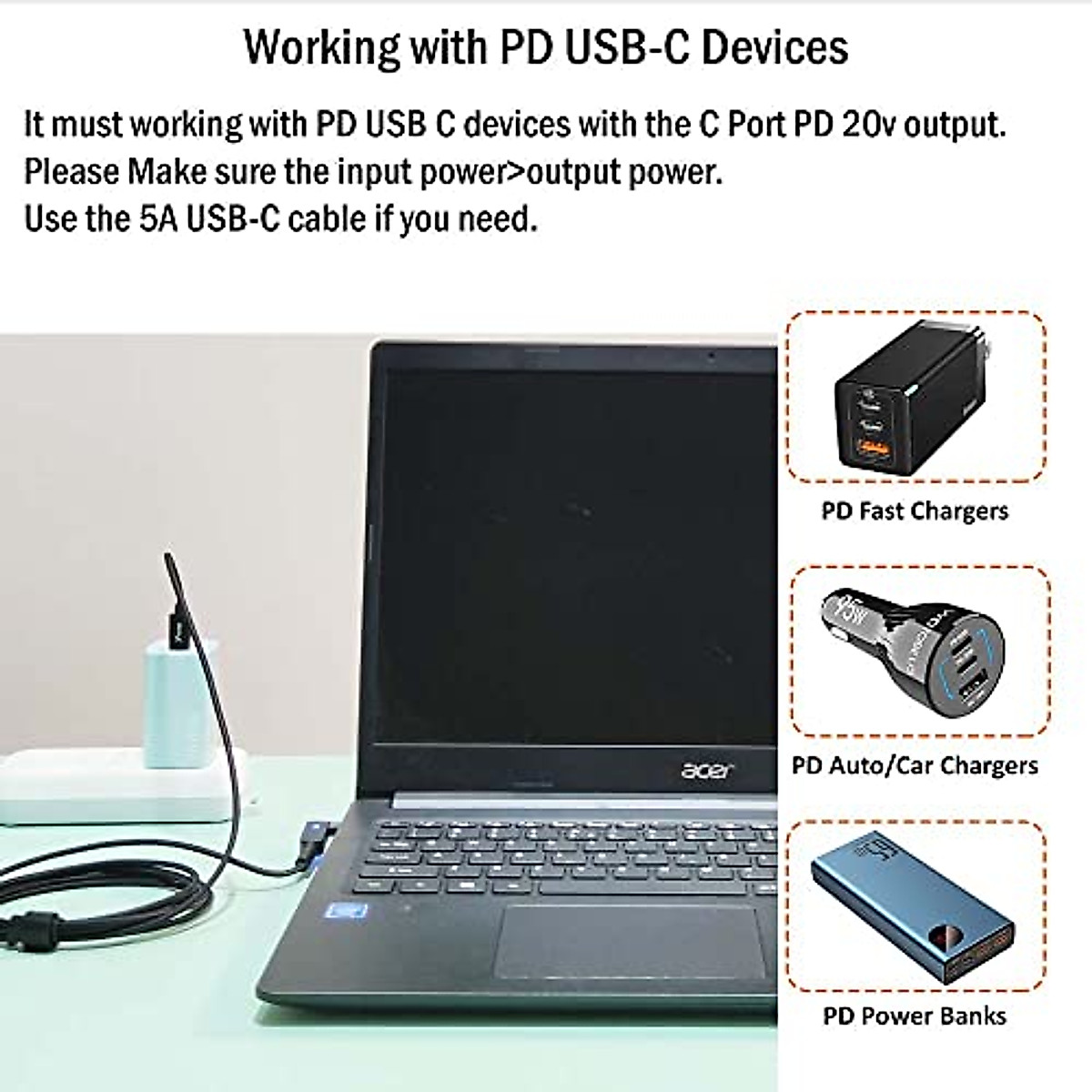 USB C to Slim Tip Charging Cable for Acer Chromebook 11 13 14 15 R11 CB3 CB5 C740 C720 C720p C738T C731 CB3-532 CB3-131 CB3-111 CB3-531 CB5-571 CB5-311 CB5-132T