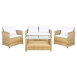 SAFAVIEH Outdoor Collection Vellor Natural/White Cushion 4-Piece Conversation Patio Set PAT7516D
