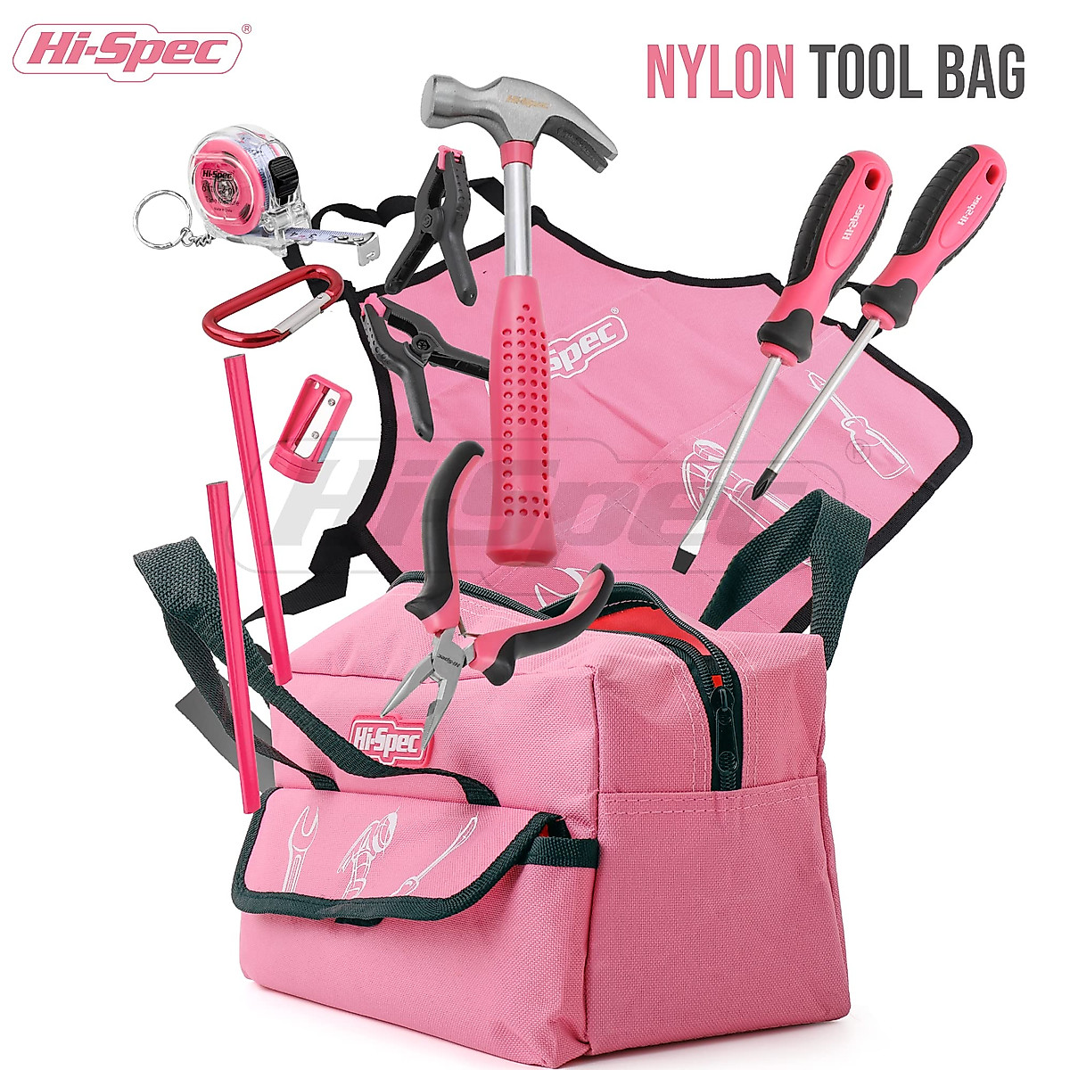 Hi-Spec 18pc Pink Kids Tool Kit Set & Child Size Tool Bag. Real Metal Hand Tools for DIY Building, Woodwork & Construction