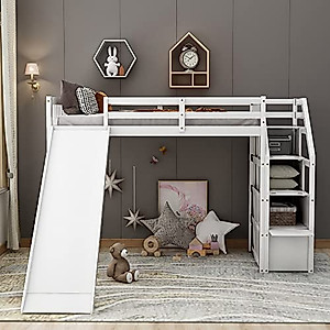Harper & Bright Designs Twin Loft Bed with Slide and Storage, Wood Kids Loft Bed Frame with Staircase, No Box Spring Needed (Twin, White with Staircase)