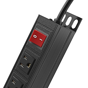 BTU 6 Outlet Power Strip, Metal Mountable Power Strip Surge Protector, Heavy Duty Wall Mount Power Outlet for Commercial, Industrial, Workshop, 6FT Power Cord, 15A/125V 1875W (Black 6FT)