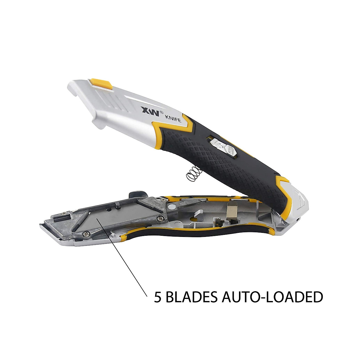 XW Auto Loading Utility Knife, 3-Position Retractable Box Cutter with 5 Pre-loaded Blades, Bonus 10 Blades Included