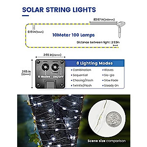 Solar Lights Outdoor, Solar String Lights Outdoor, Bryopath Solar Xmas Tree Lights Waterproof Copper Wire 33ft 100 LEDs Solar Fairy Lights for Garden Yard Party Christmas Decoration, Daylight White