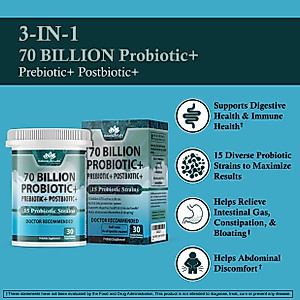 Probiotics 70 Billion CFU – 15 Probiotic strains + Organic Prebiotic+ Postbiotic 3-in-1 Complete – Promotes Healthy Digestive & Immune Function –Gas, Bloating, Constipation Support – for Men & Women