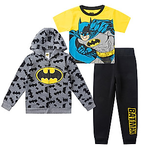 Warner Bros. Batman Boys Zip Up Hoodie, T-Shirt and Sweatpant Set for Toddlers and Little Kids