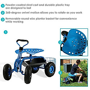 Sunnydaze Garden Cart Rolling Scooter - Features Extendable Steer Handle, Swivel Seat and Utility Tool Tray - Blue