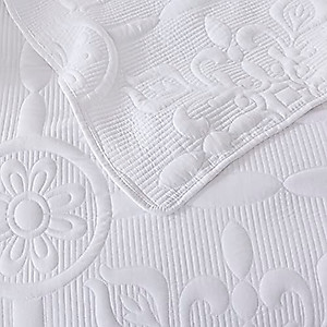 Damask Quilt Queen Size Bedding Sets with Pillow Shams, Boho Lightweight Soft Bedspread Coverlet, White Quilted Blanket Thin Comforter Bed Cover for All Season Spring Summer, 3 Pieces, 90x90 inches