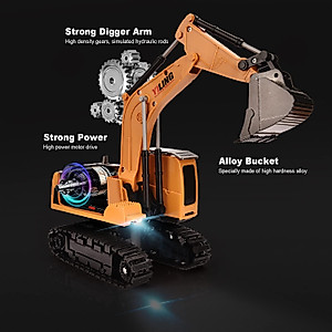 Hodlvant Remote Control Excavator Toy, Engineering Digger Truck, Metal Shovel Digger Vehicles with Lights & Sounds, 2.4Ghz RC Construction Car with 2 Batteries, Gifts for Kids Boys Age 3 4 5 6 7 8 9+