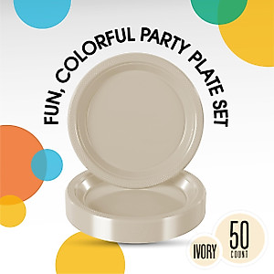 Exquisite Ivory Plastic Plates For Party 7" Ivory Disposable Plates For Party Supplies 50 Pcs Disposable Dinner Plate Heavy Duty 350 GSM Plate Sets, Plastic Dinnerware Sets