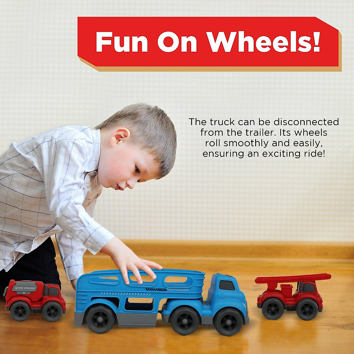 IQ Toys Car Carrier Toy - Truck Carrier with Firetrucks for Boys - Toddler Car Toys Transporter Truck Car Hauler Play Set - Kids Toy Vehicle, Blue