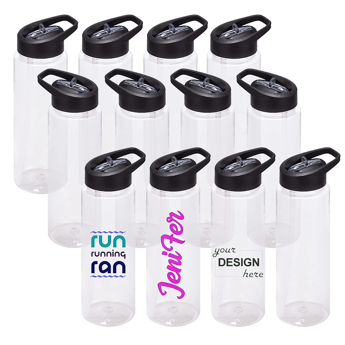 24 oz Clear Water Bottles with Straw, 12 Pack Bulk Reusable Sports Water Bottle with Handle, Wide Mouth & Portable for Travel Gym Cycling Hiking Camping, for Personalized DIY Teacher Nurse Gift