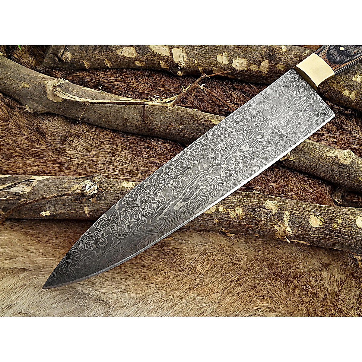 Damascus Steel Kitchen Knife, 14 Inches Long with 9" Long Hand Forged Blade, 2 Tone Dollar Wood Scale with Brass Bolster