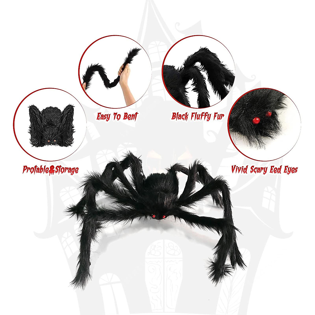 Large Spiders Halloween Giant Spider Decorations with Big Spiders Halloween Fake Scary Spider Web for Indoor Outdoor Yard Lawn Wall Home Porch House with 6Pcs (49"/30"/30"/20"/12"/12" Large Sizes)