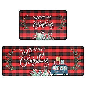 Pauwer Merry Christmas Kitchen Rugs Set of 2, Farmhouse Red Buffalo Plaid Kitchen Floor Mat, Non Slip Anti Fatigue Kitchen Mats for Floor, Cushioned Kitchen Rug Set Christmas Decorations for Home