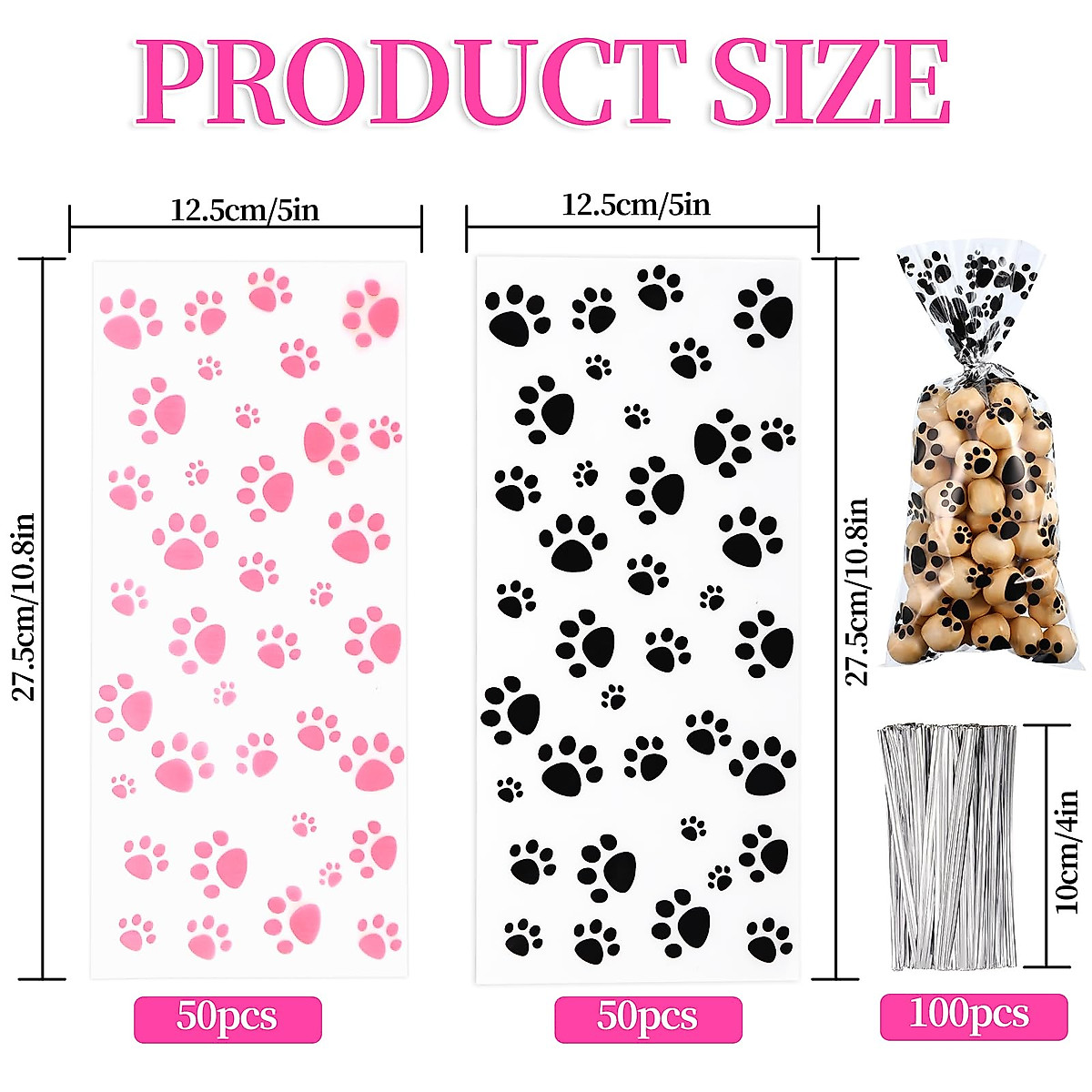 BLMHTWO 100Pcs Pet Paw Print Treat Bags, Dog Treat Bags Cellophane Treat Bags Paw Print Goodie Bags with 100 Silver Twist Ties for Pet Birthday Party Favor (50Pcs Balck & 50Pcs Pink)