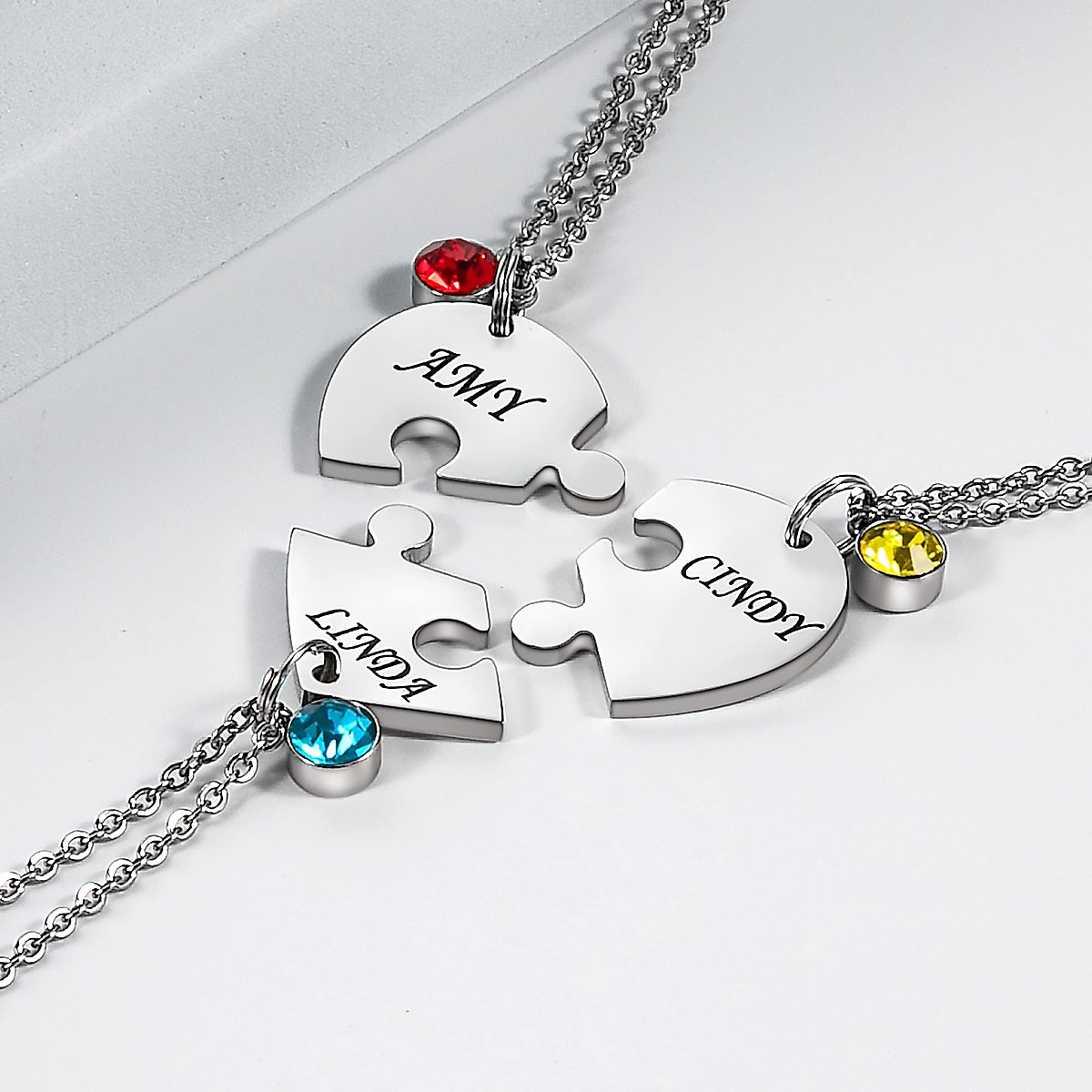 Fanery Sue Personalized Puzzle Pieces Heart Shape Necklace/Kaychain for Best Friends Family Custom Name/Date with Birthstone
