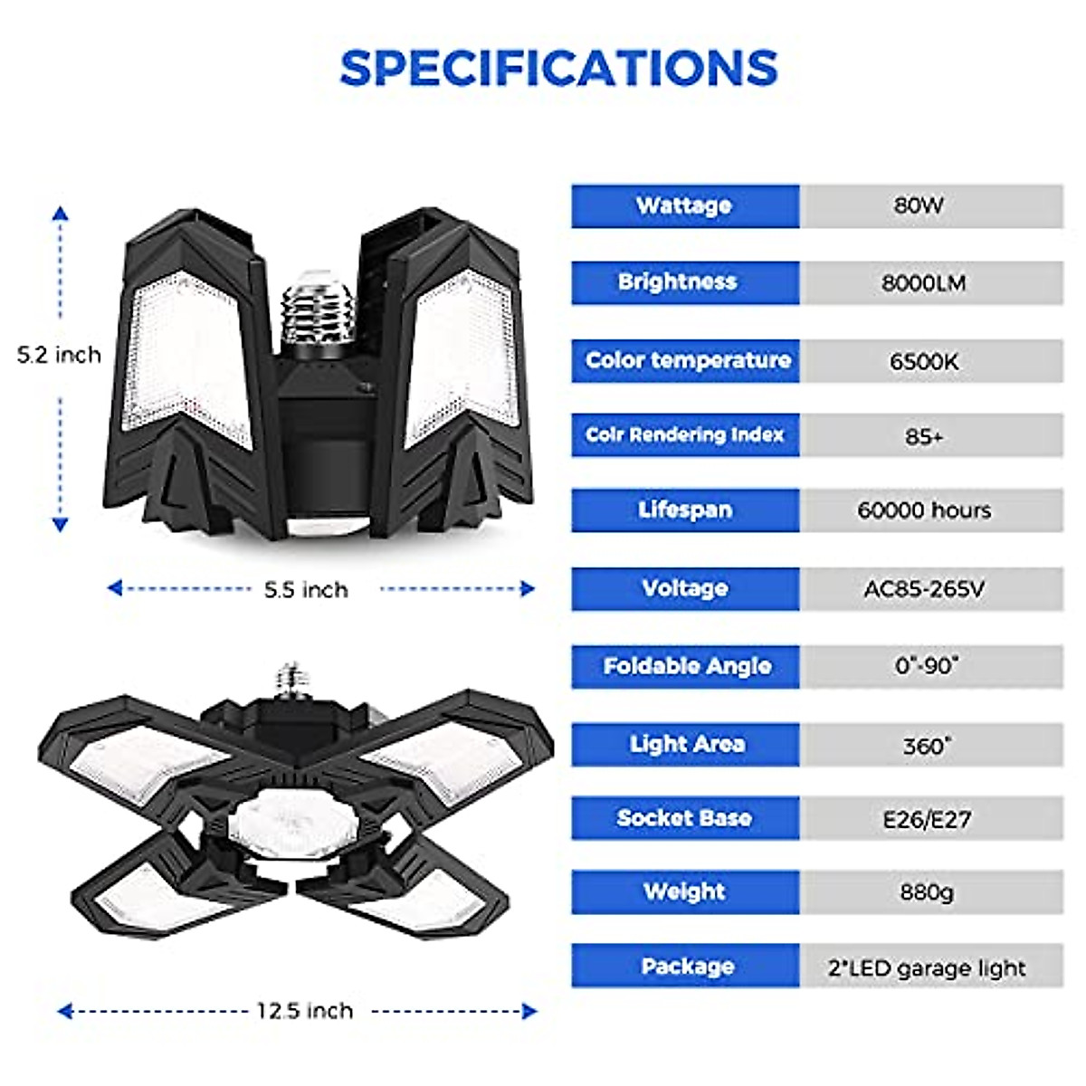 VSATEN 2 Pack LED Garage Lights 80W, Deformable Garage Lights Ceiling LED with 4+1 LED Panels, 8000LM E26/E27 Base LED Shop Light for Garage Workshop Warehouse Barn, Ultra Bright Workshop Light