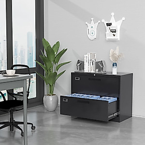 LISSIMO Lateral File Cabinet, 2 Drawer Metal Filing Cabinet with Lock, Home Office Storage for A4, Letter Size, Hanging File Folders(Black)
