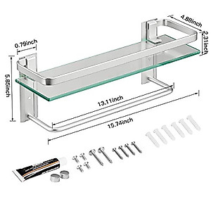 VOLPONE Glass Shelf with Towel Bar 15.7in Silver Bathroom Shelf Wall Mount Rustproof Bathroom Wall Organizer 1 Tier (Silver)