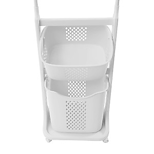 Sootvp Rolling Laundry Hamper Cart with Wheels and Hanging Bar, 2 Tier Rolling Laundry Basket Laundry Basket Organizer，Laundry Sorter for Laundry Bedroom Bathroom w/ 2 Removeable Baskets
